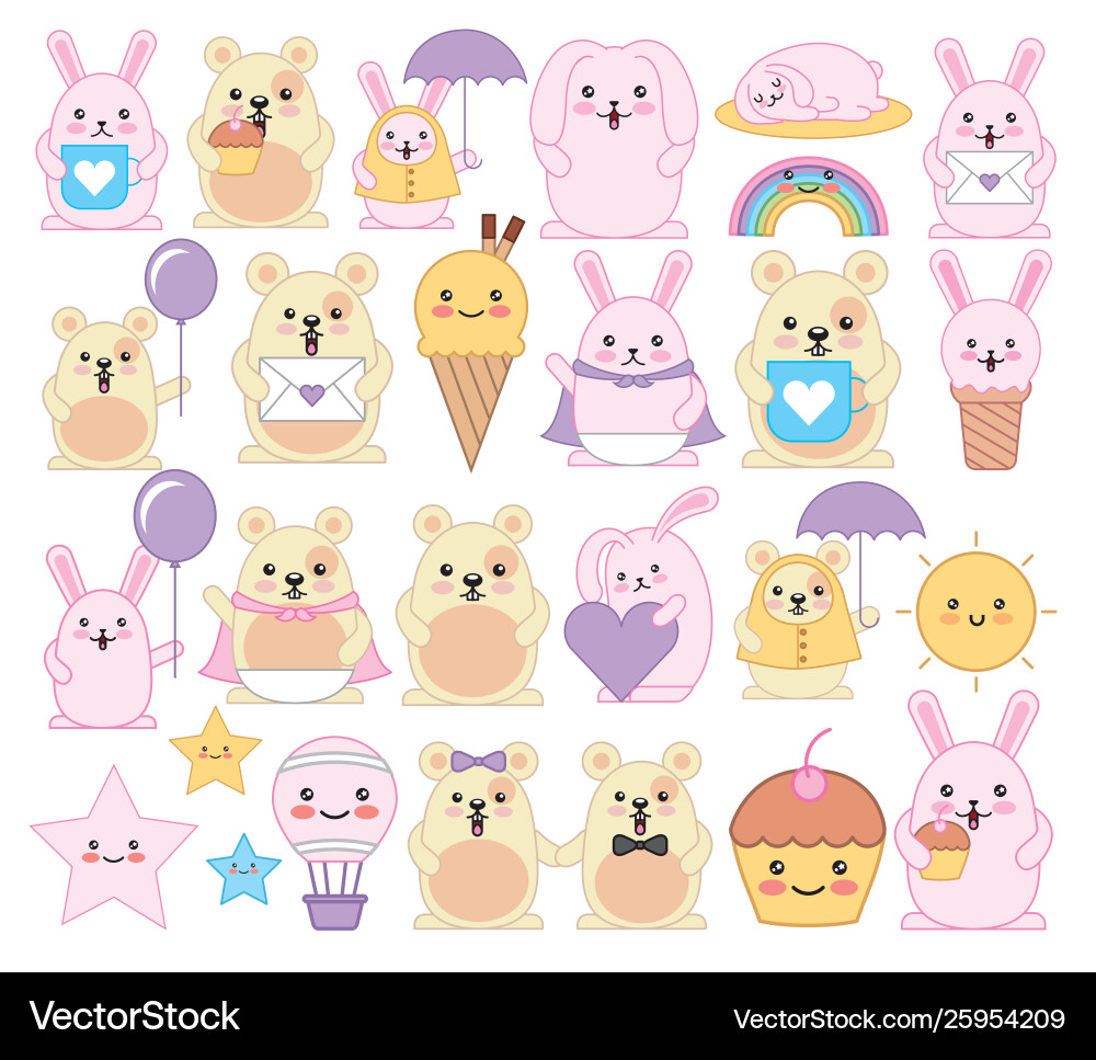 Bundle emoticons and animals kawaii characters Vector Image
