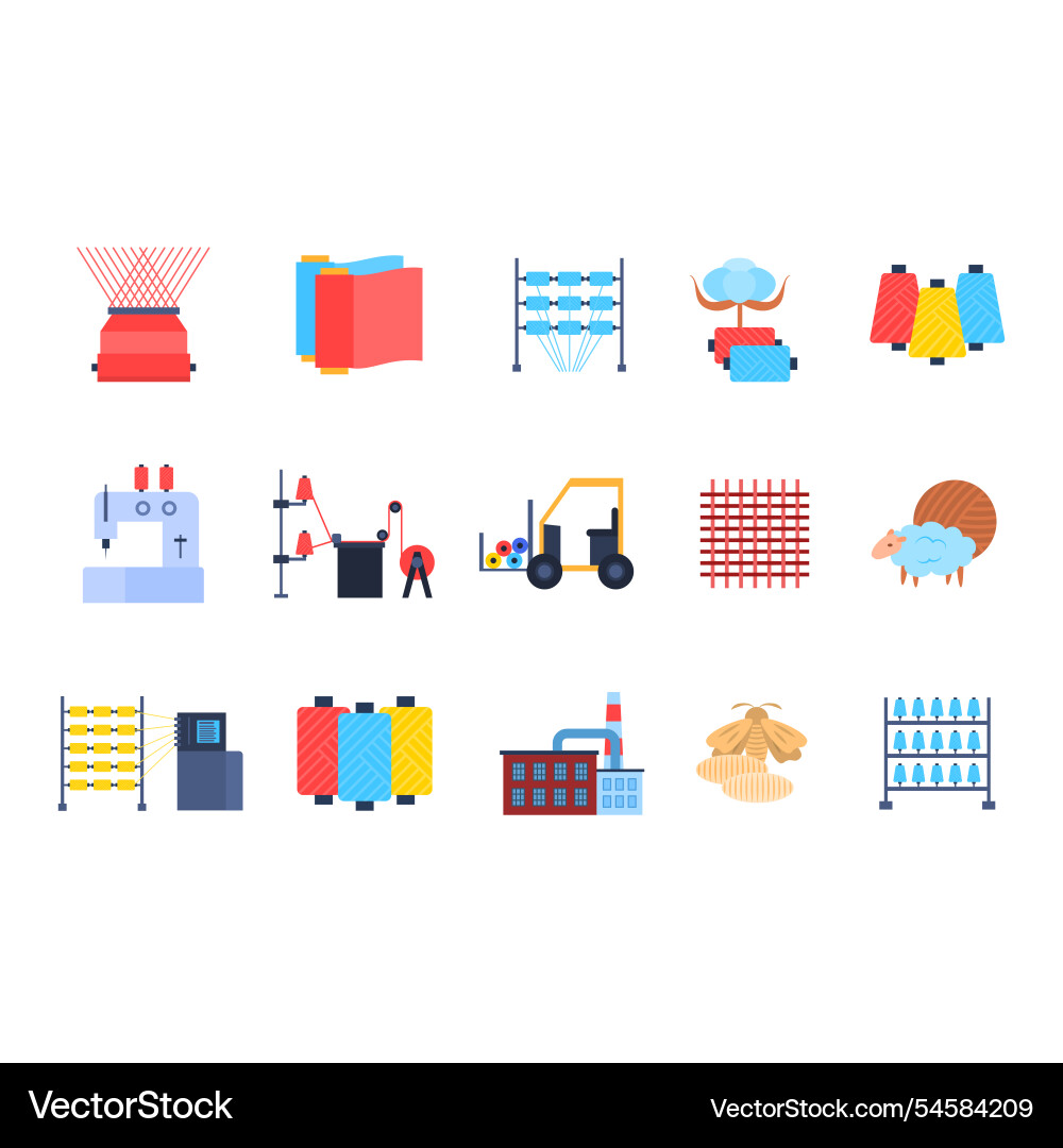 Cartoon color textile factory icon set Royalty Free Vector