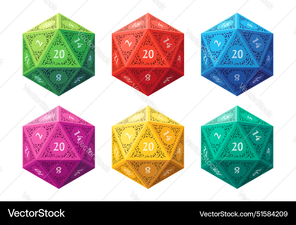 D20 dice for board games 6 color variants Vector Image