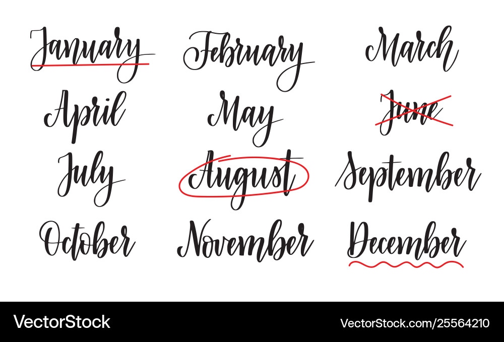 Calligraphy months names abstract calendar Vector Image