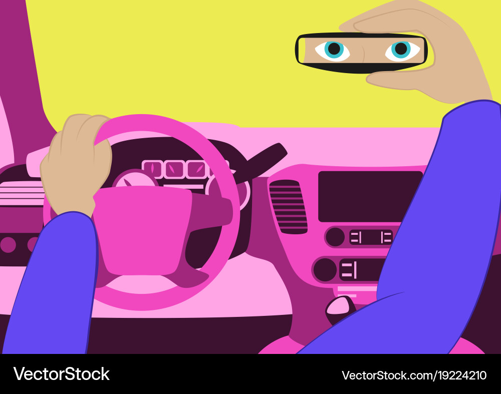 Driver in the car looks rear-view Royalty Free Vector Image