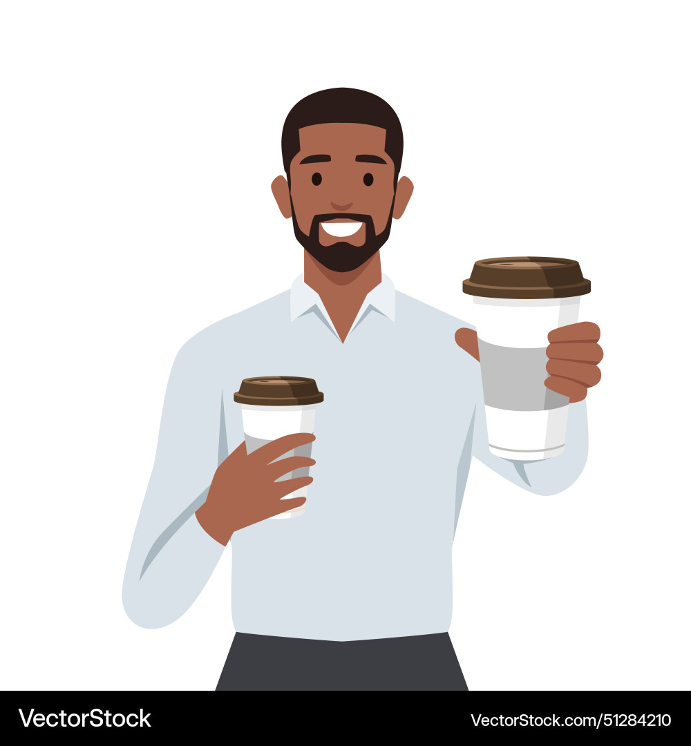 Smiling young man with coffee cups in cup offer Vector Image