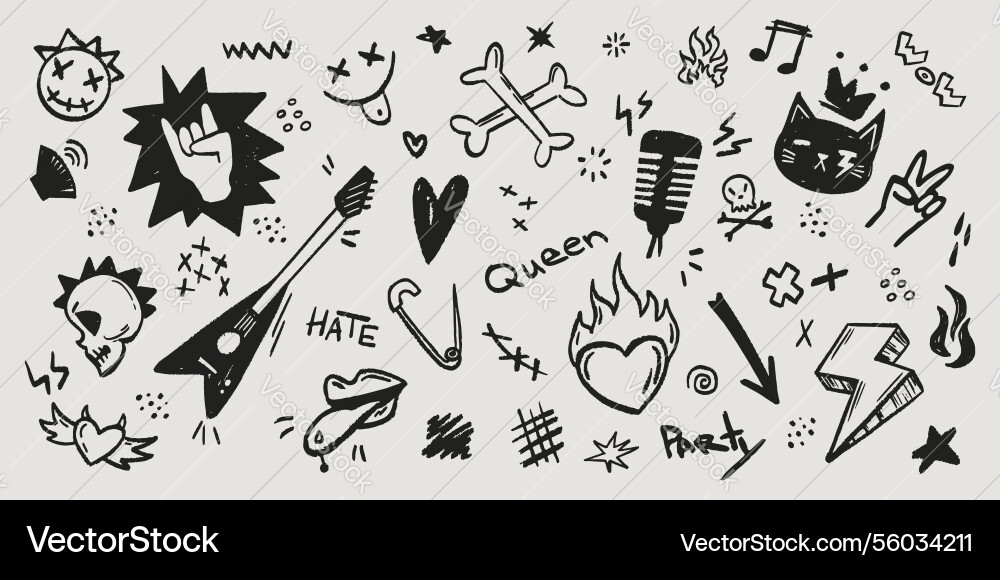 Black punk rock icons set isolated on white Vector Image