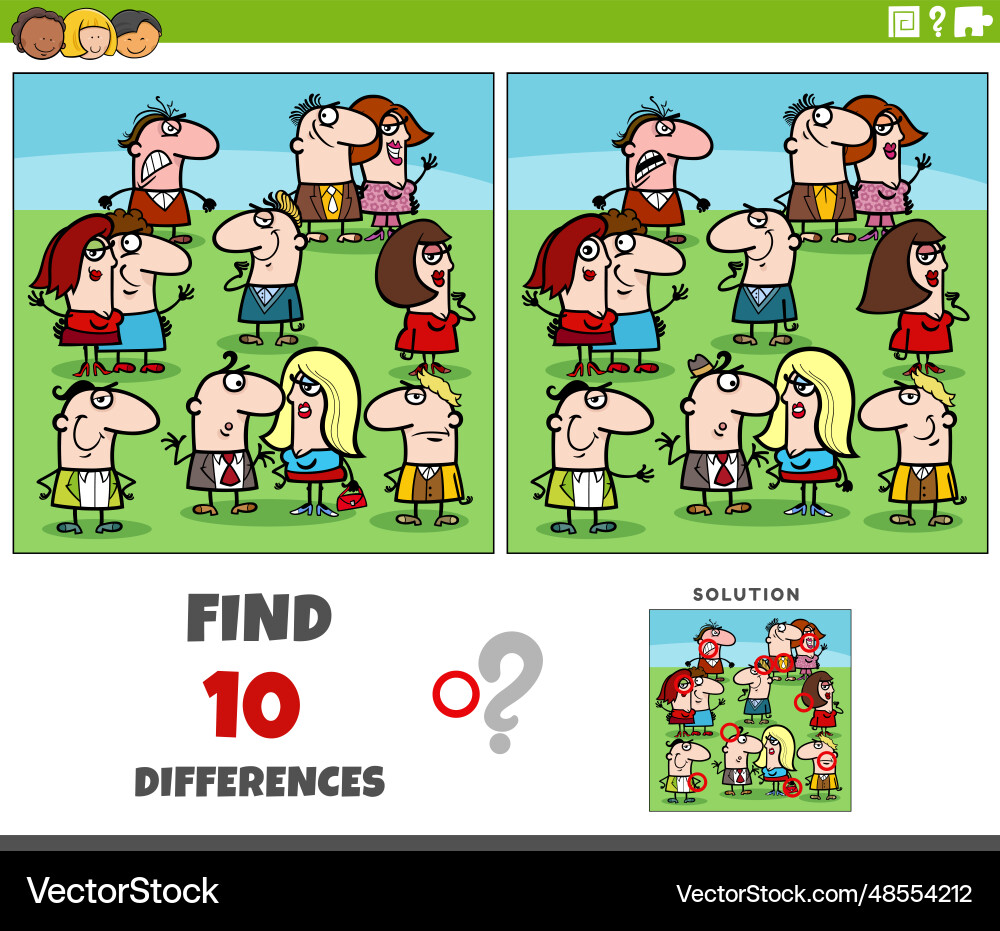 Differences activity with funny cartoon people Vector Image