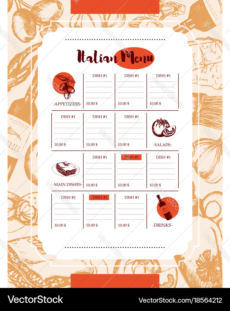 Italian menu - color hand drawn composite Vector Image