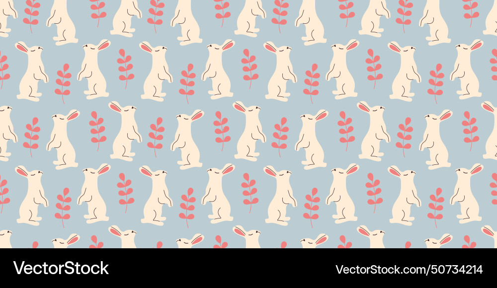 Bunny seamless pattern with leaves in doodle Vector Image