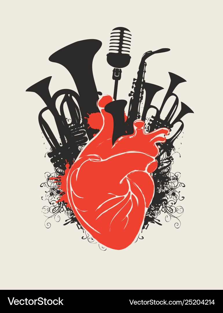 Music poster with human heart and wind instruments