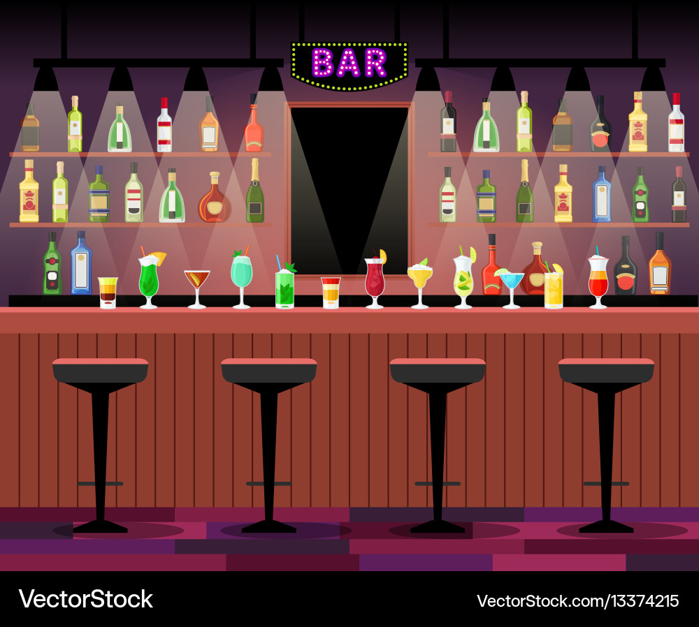 Bar counter with alcohol drinks Royalty Free Vector Image