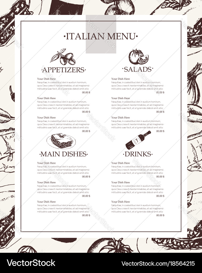 Italian menu - color hand drawn composite Vector Image