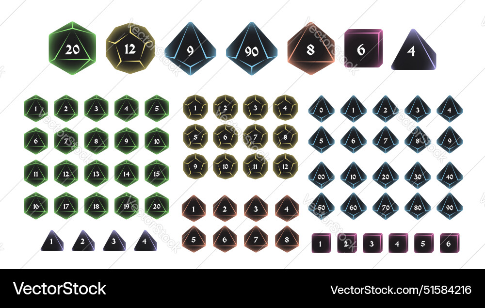 D4 d6 d8 d10 d12 and d20 dice icons Royalty Free Vector