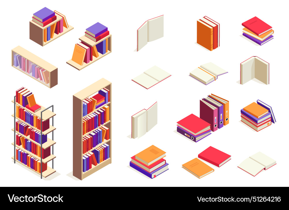 Isometric books open and closed book stack Vector Image