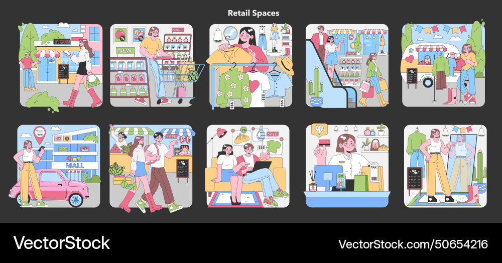 Retail spaces set flat Royalty Free Vector Image