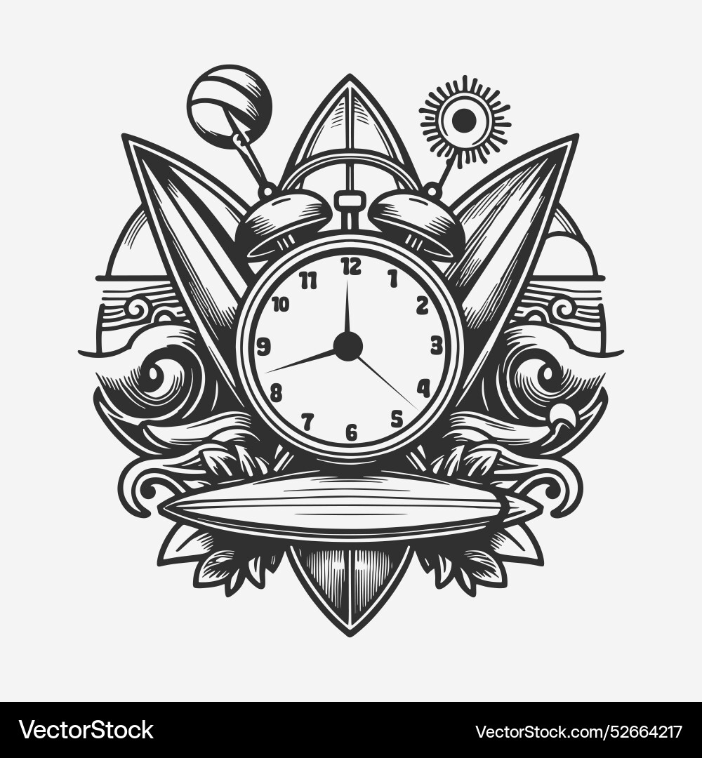 Clock with a summer surfboard design Royalty Free Vector
