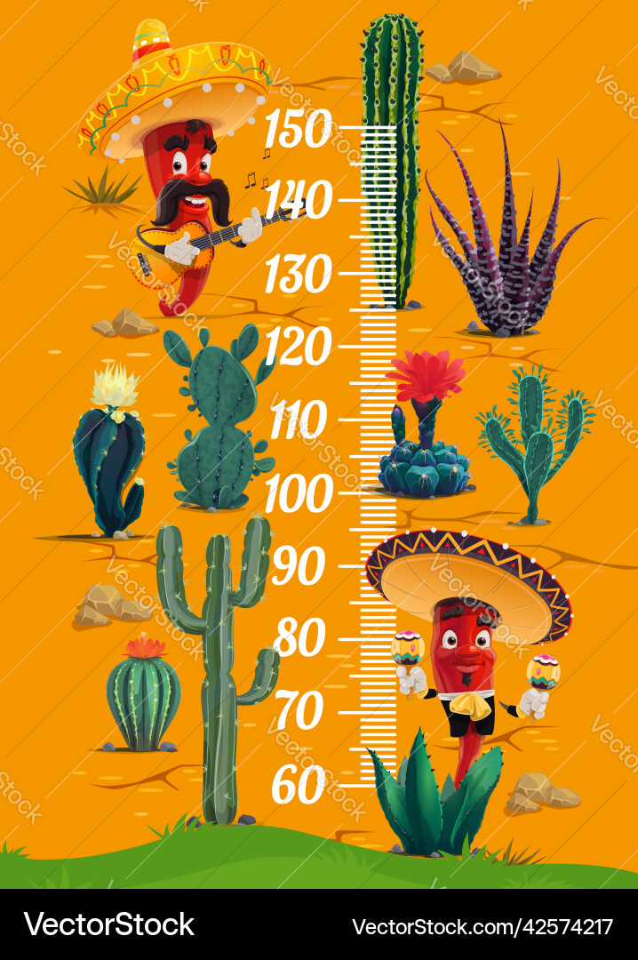 Kids height chart with mexican cactuses peppers Vector Image