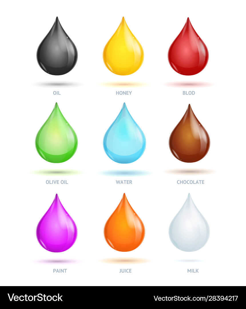 Realistic detailed different color drops set Vector Image
