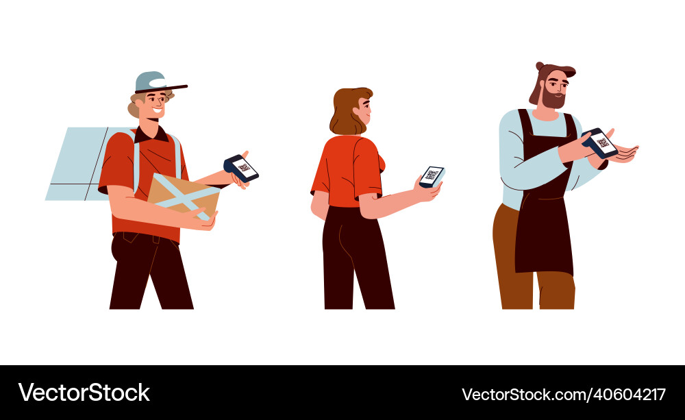 Sellers with pos terminal qr code scanner Vector Image