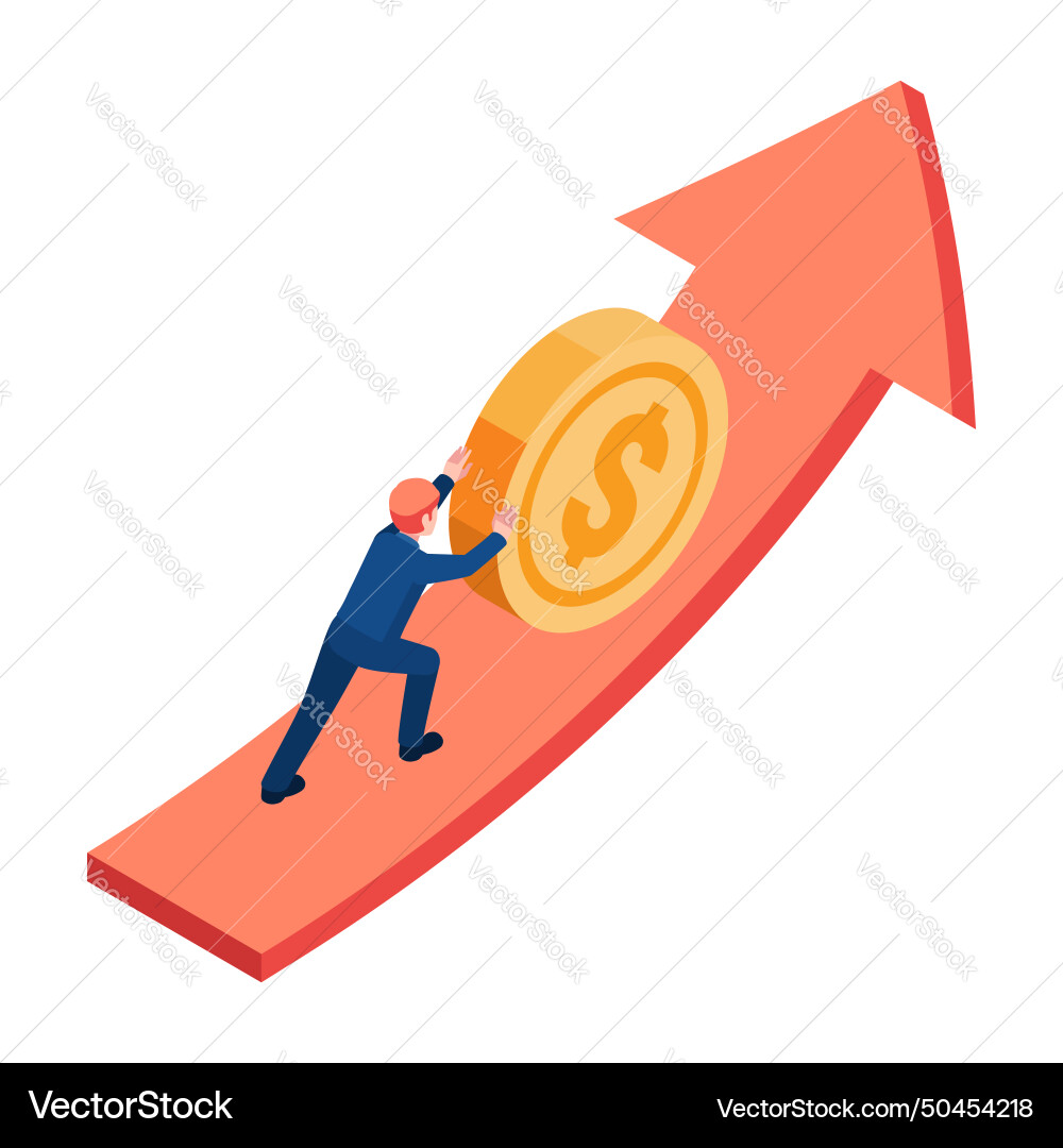 Isometric businessman push coin up on growth graph