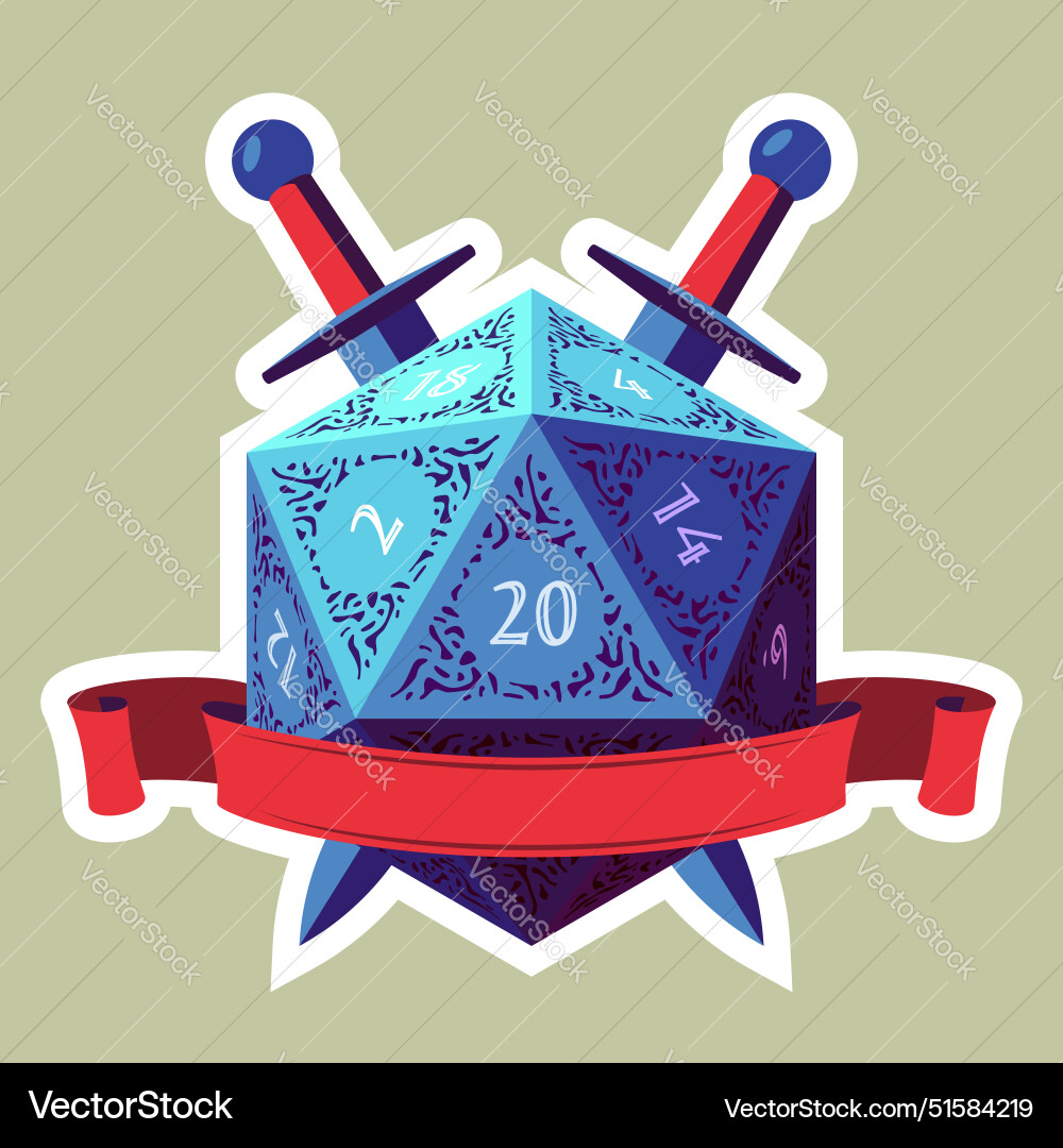 Blue D20 Die with Swords - Flat Style Royalty Free Vector