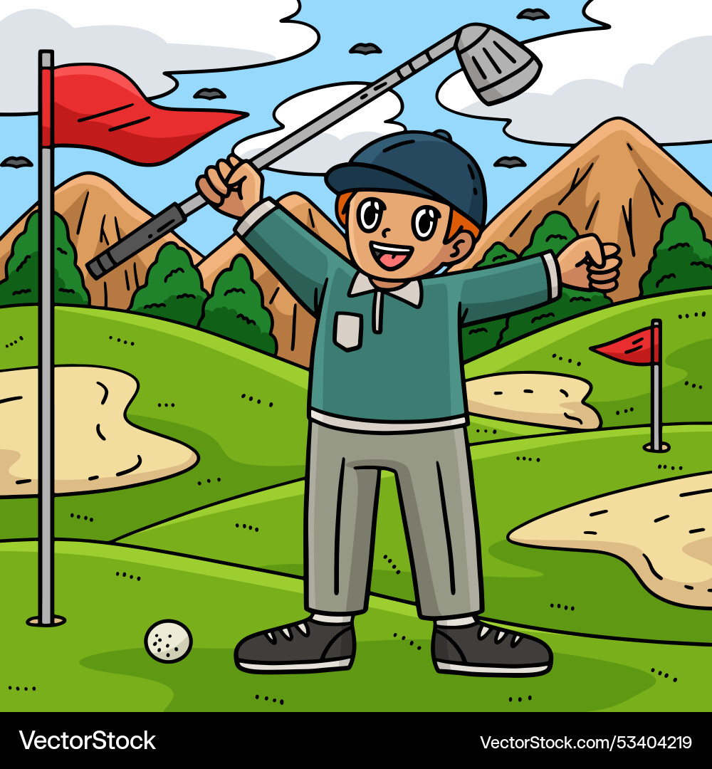 Golf golfer raising hands colored cartoon Vector Image