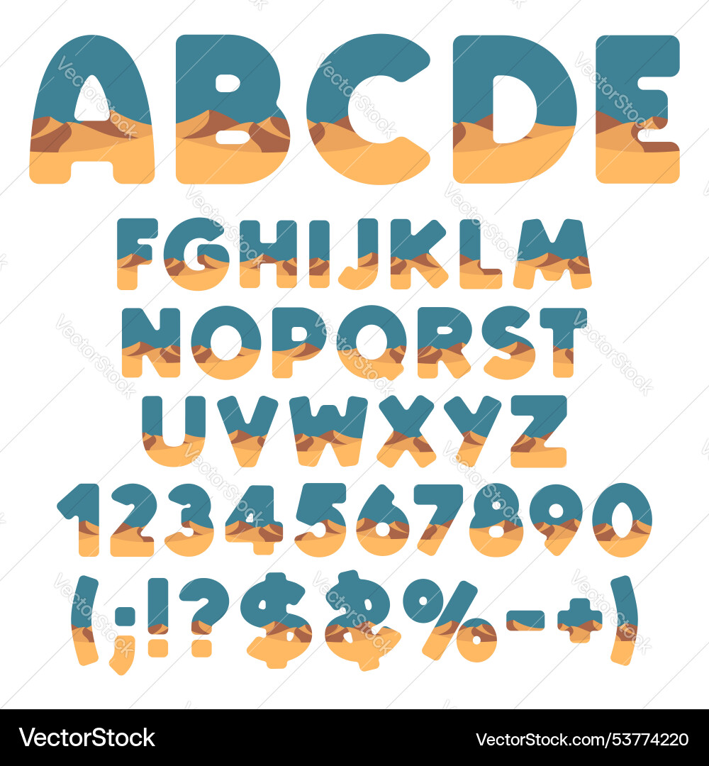 Alphabet Schriftart mit Wüste und Dünen Vektorbild