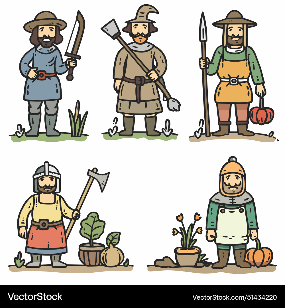Six medieval characters rustic cartoonstyle Vector Image
