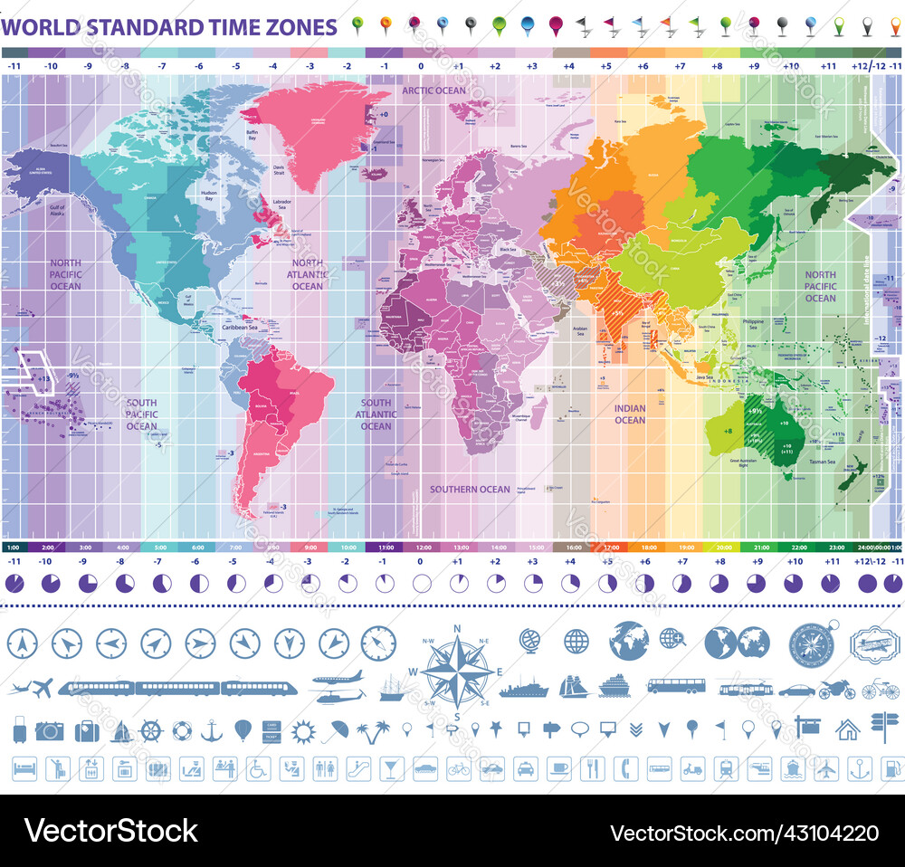 World standard time zones map with clocks Vector Image