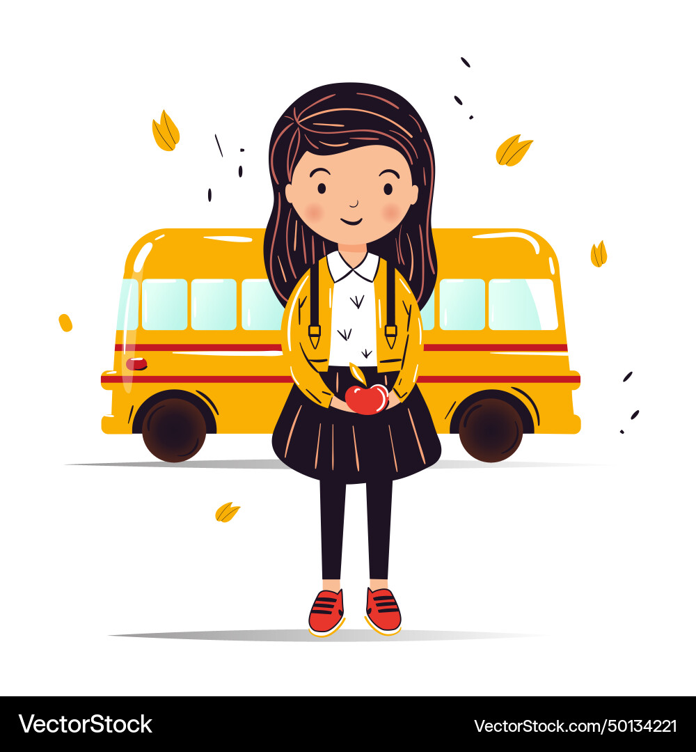 School girl and yellow bus back Royalty Free Vector Image