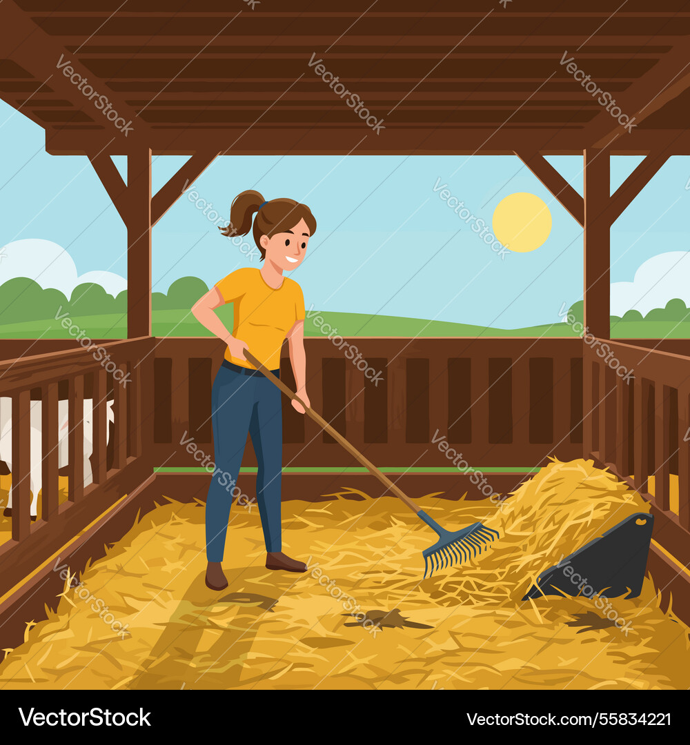 Woman raking straw inside open barn on sunny day Vector Image