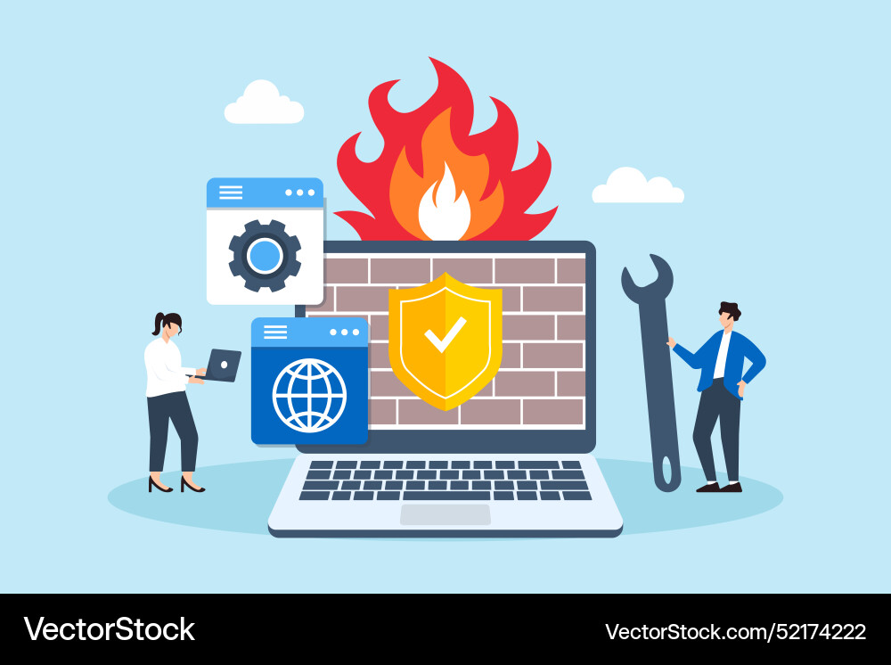 Flat of two people configuring firewall settings Vector Image Flat of two people configuring firewall settings Vector Image