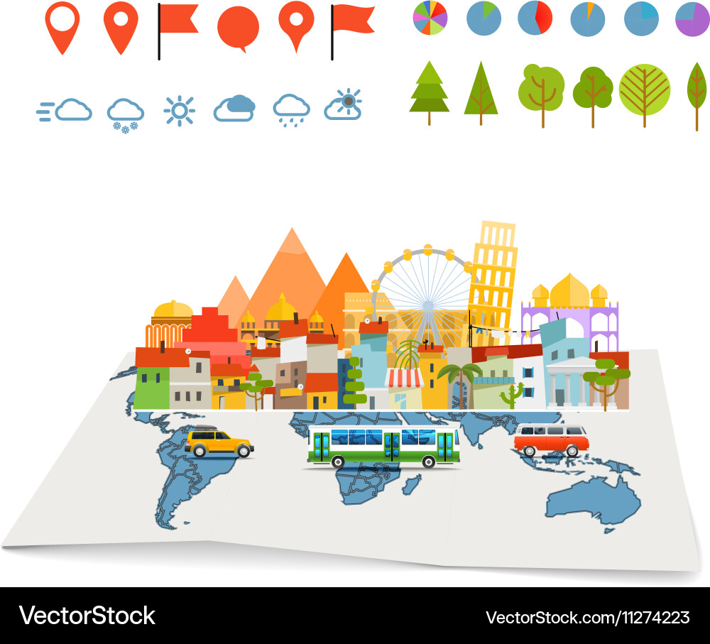 Earth maps map and different buildings Royalty Free Vector