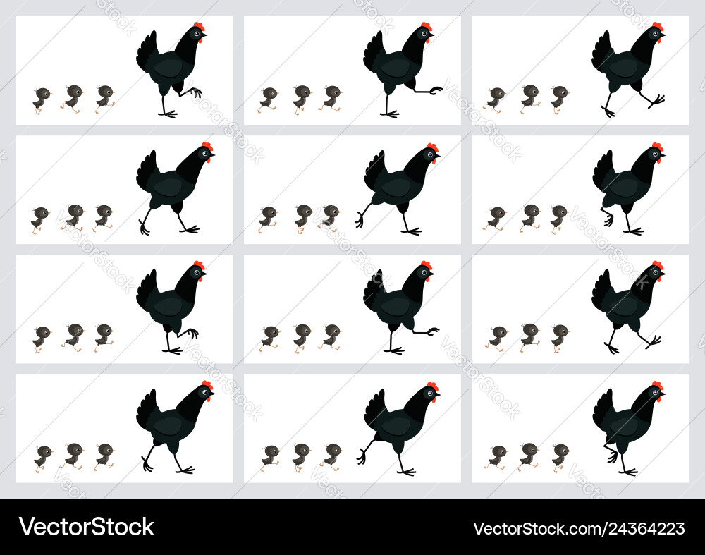 Walking black hen and chicks animation sprite Vector Image