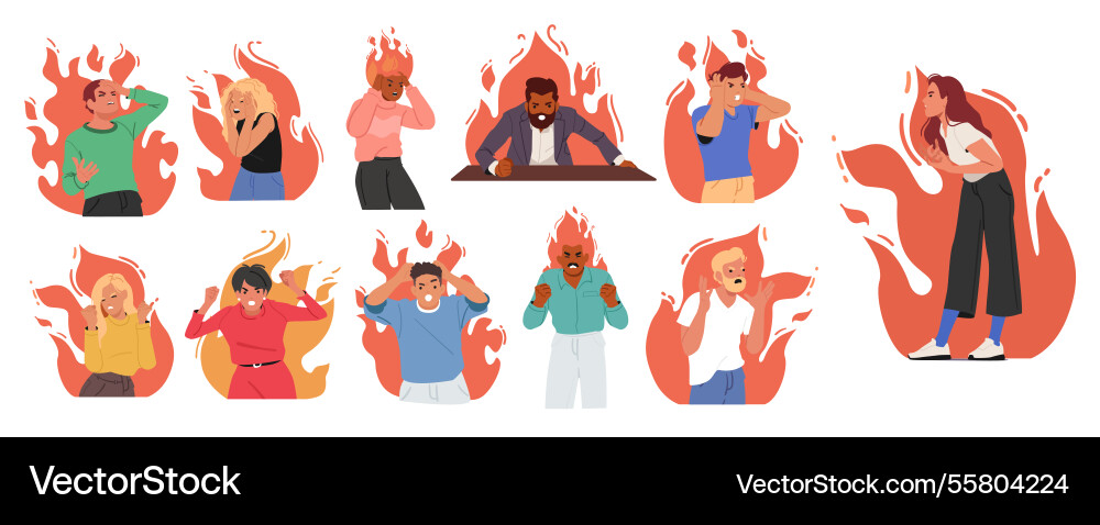 Angry furious Menschen Charaktere in Flammengefühl