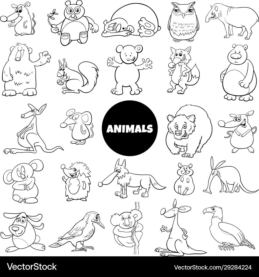 Comic animal characters large set color book page Vector Image