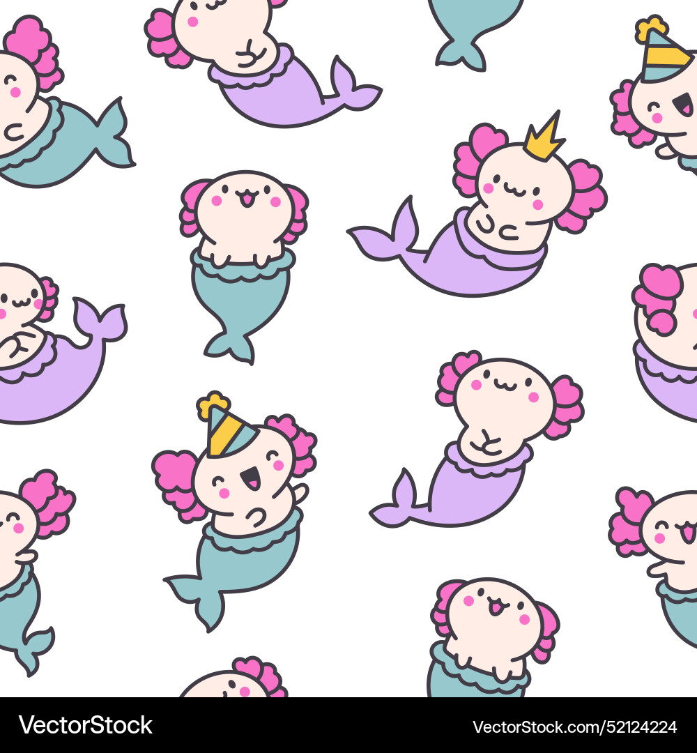 Cute kawaii axolotl mermaid seamless pattern Vector Image