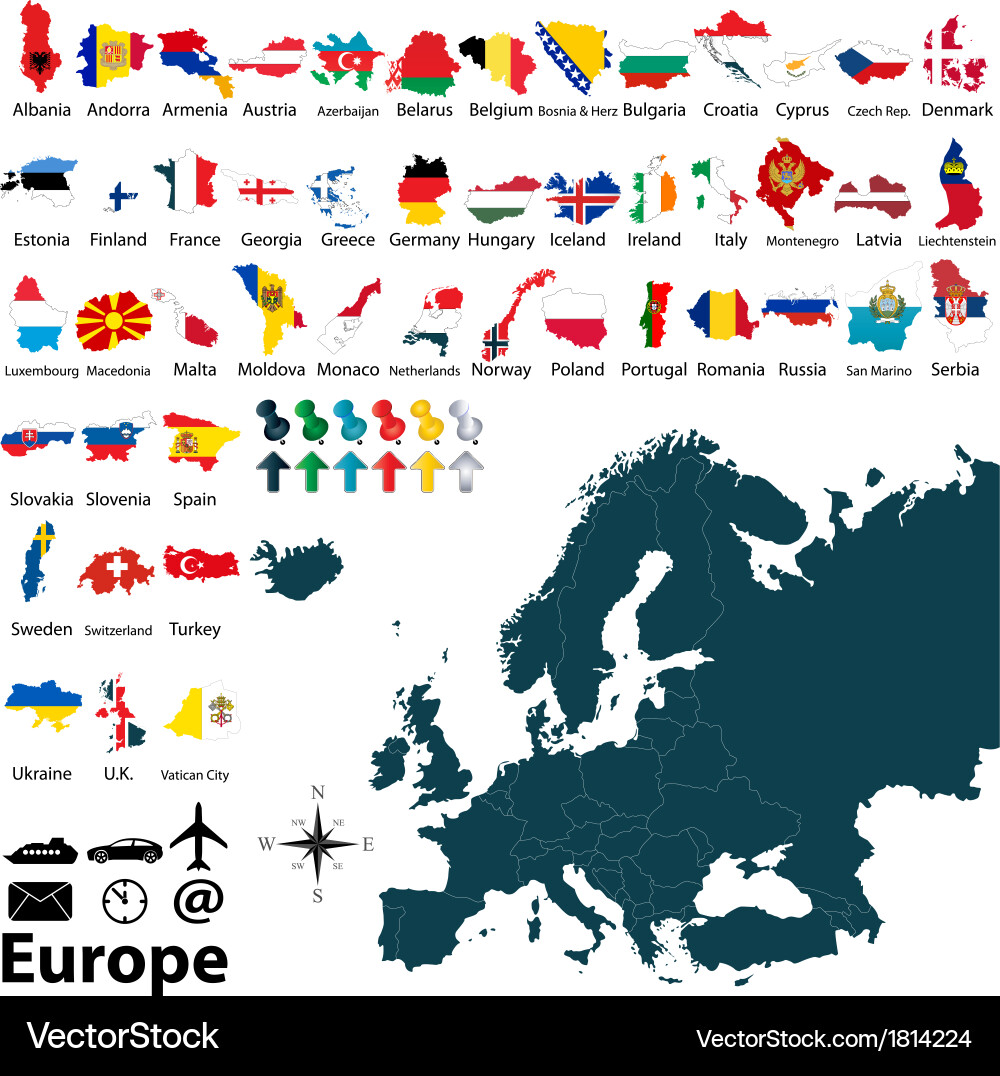 European Political Map with Flags Royalty Free Vector Image