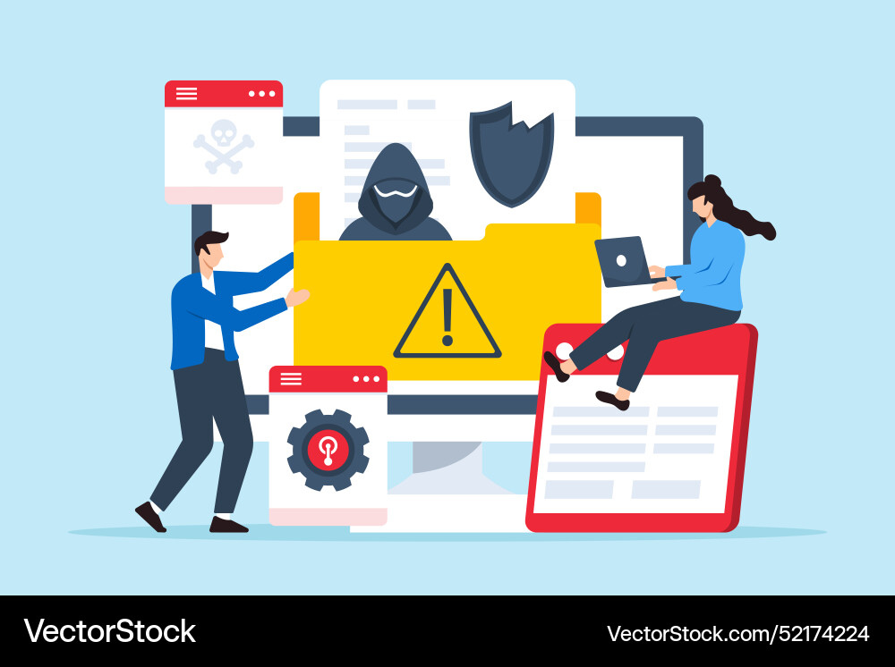 Flat of two people handling data breach incident Vector Image