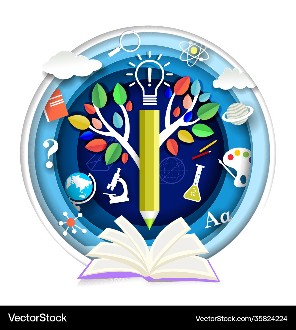 Paper cut open book tree knowledge science Vector Image