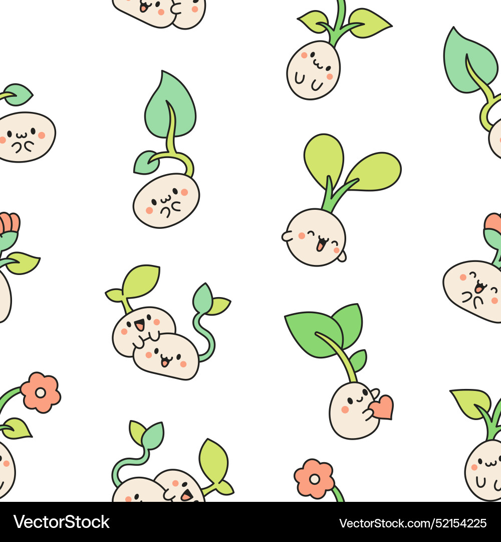 Cute kawaii seed with roots seamless pattern Vector Image