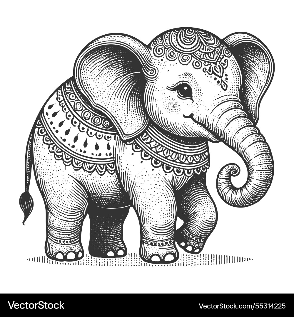 Decorative baby elephant engraving Royalty Free Vector Image