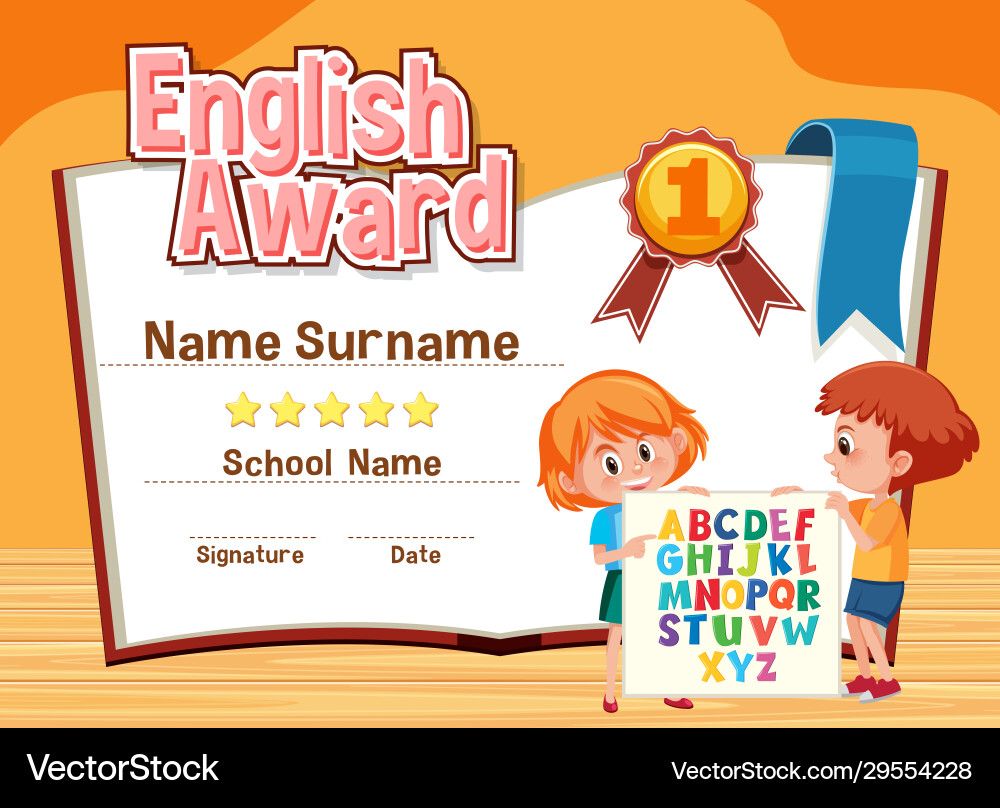 Certificate template for english award with kids Vector Image