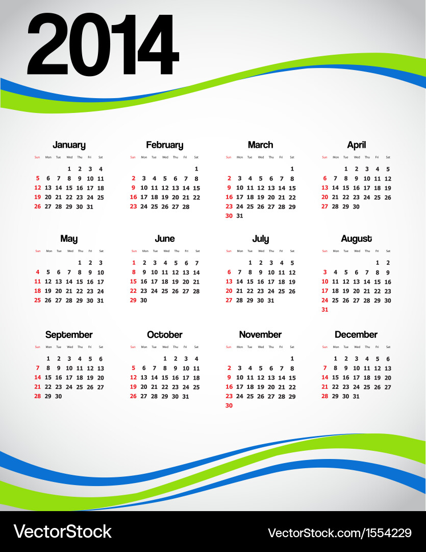 Colorful 2014 Calendar Royalty Free Vector Image