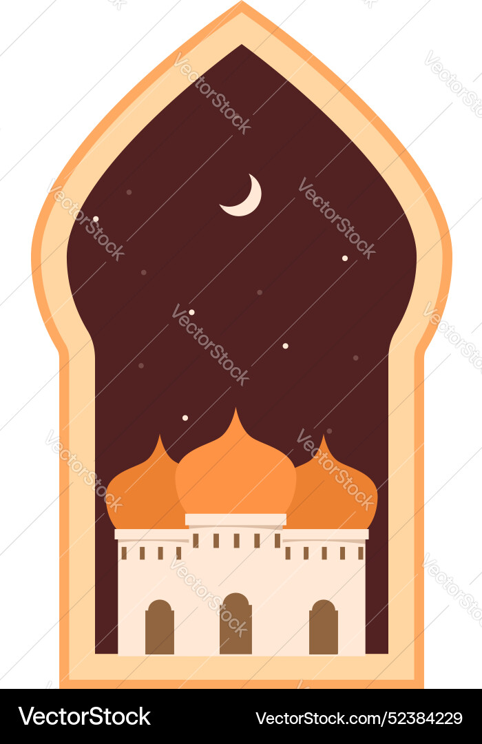 Mosque appearing through ornamented window Vector Image