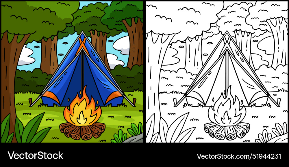 Camping tent and bonfire coloring Royalty Free Vector Image