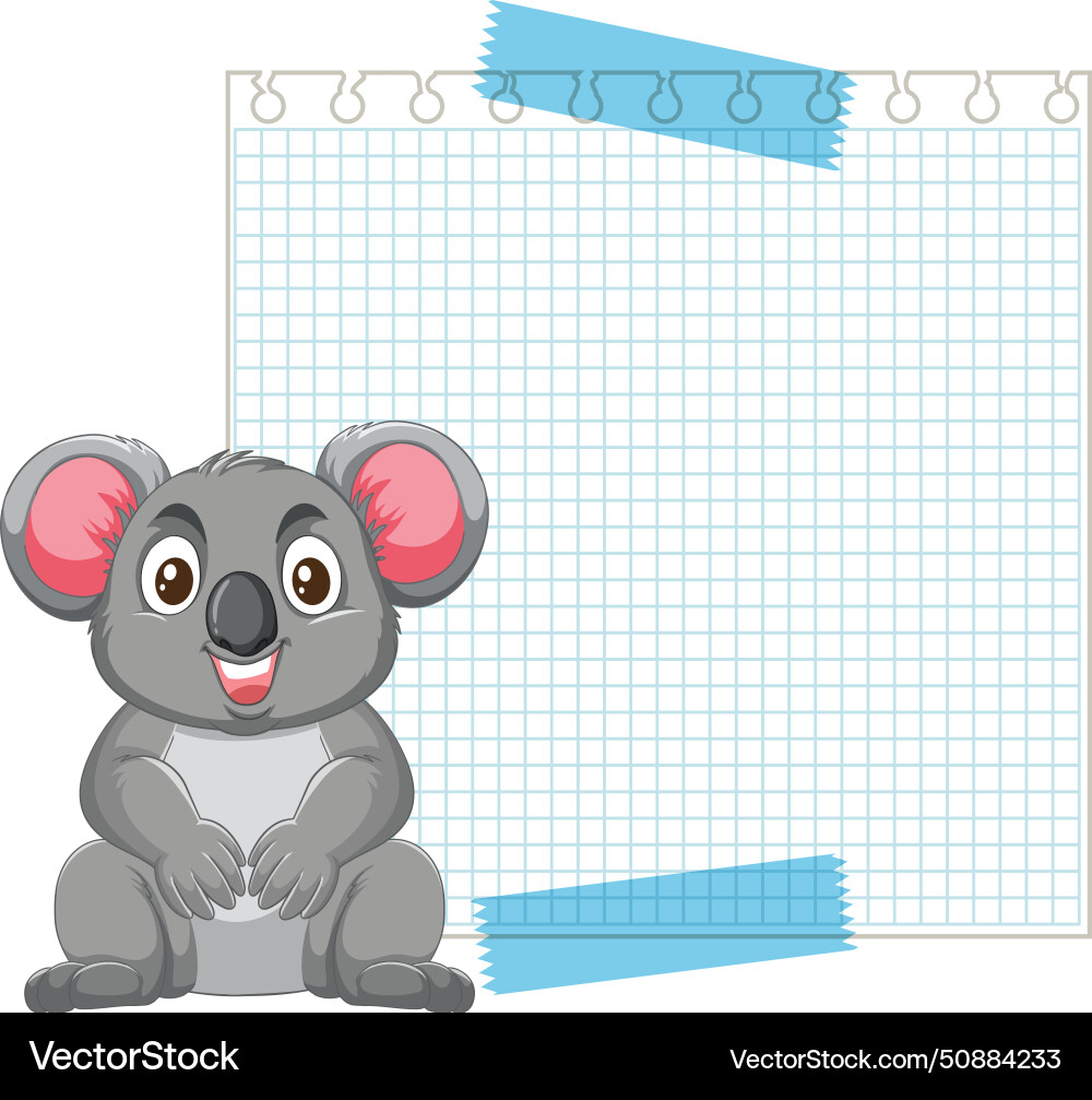 Adorable koala sitting beside a blank grid notepad