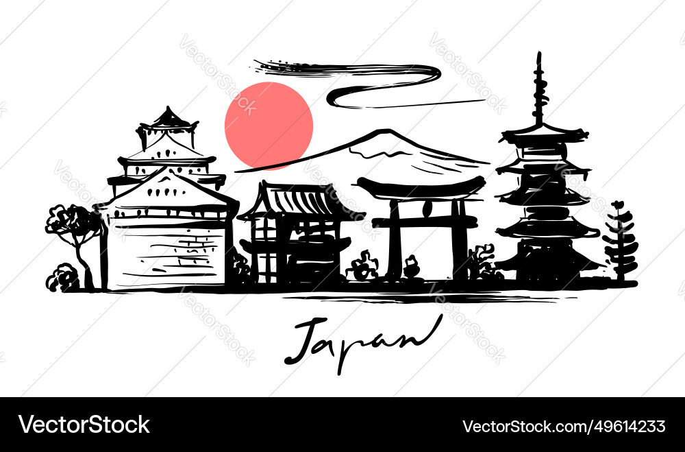 Japan skyline hand drawn sketch Royalty Free Vector Image