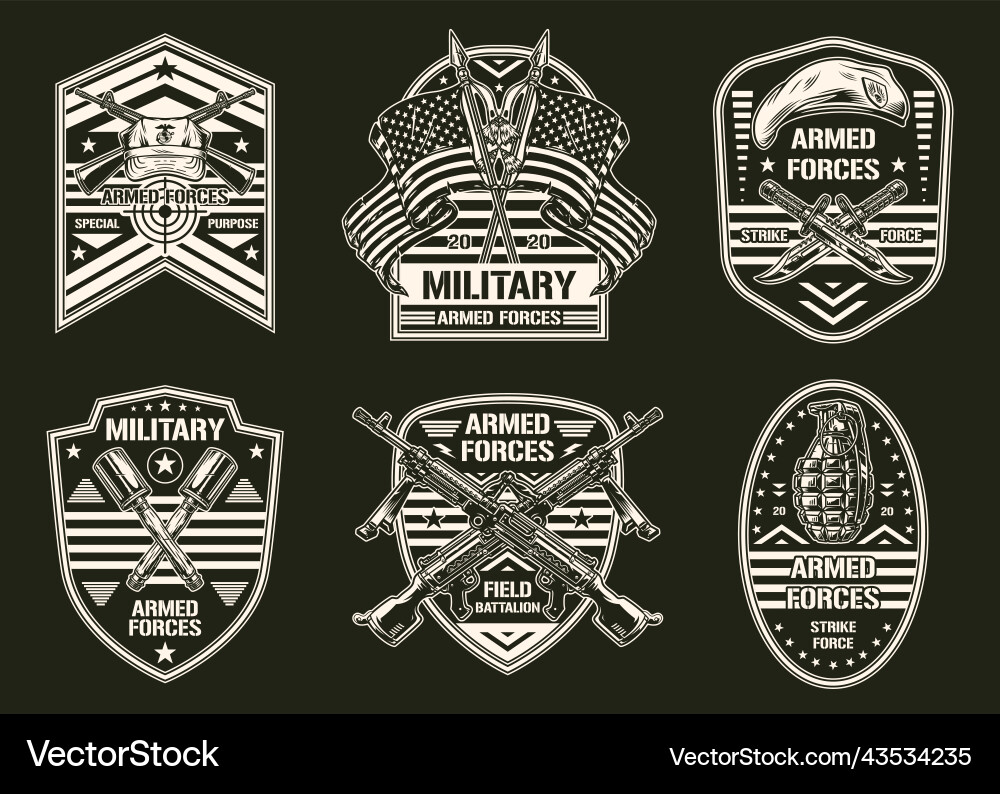Armed forces set monochrome label Royalty Free Vector Image