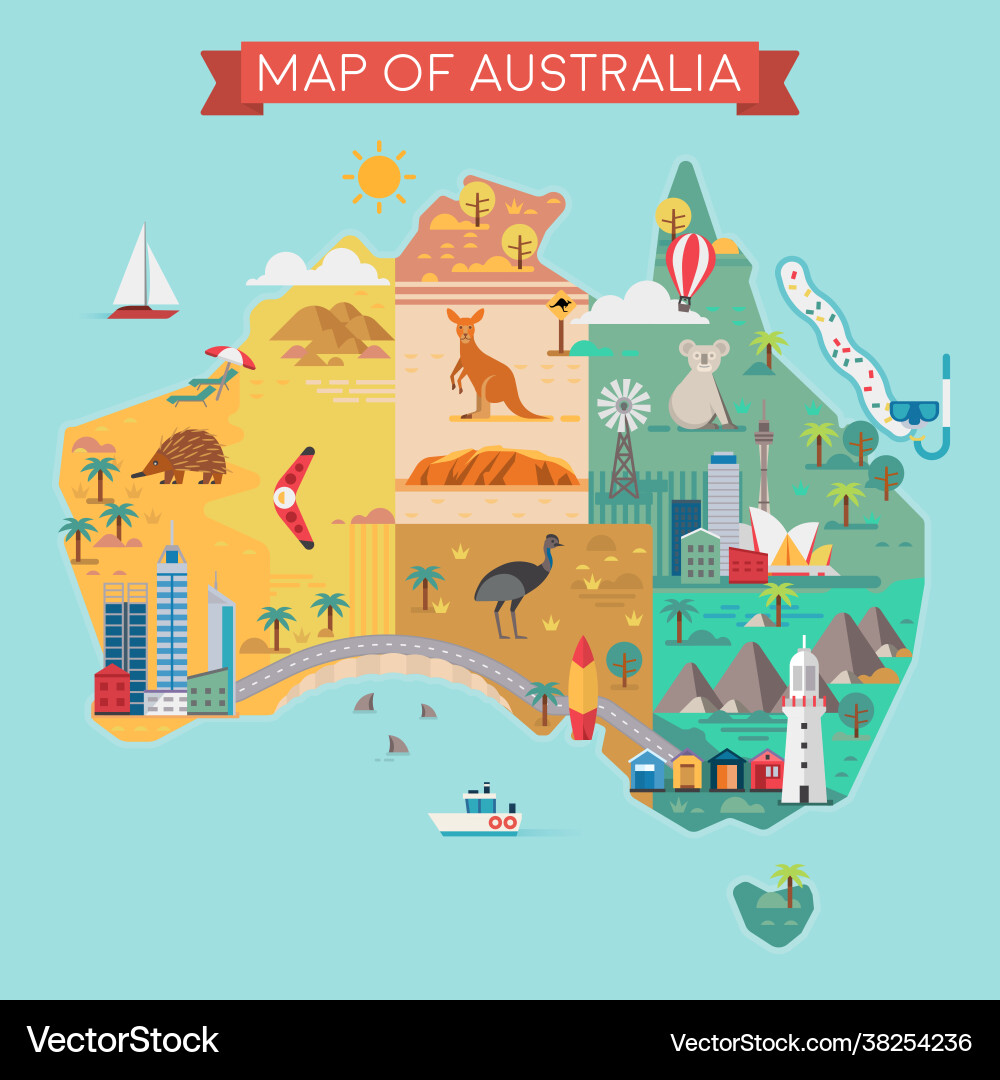 Map australia colorful landmarks Royalty Free Vector Image