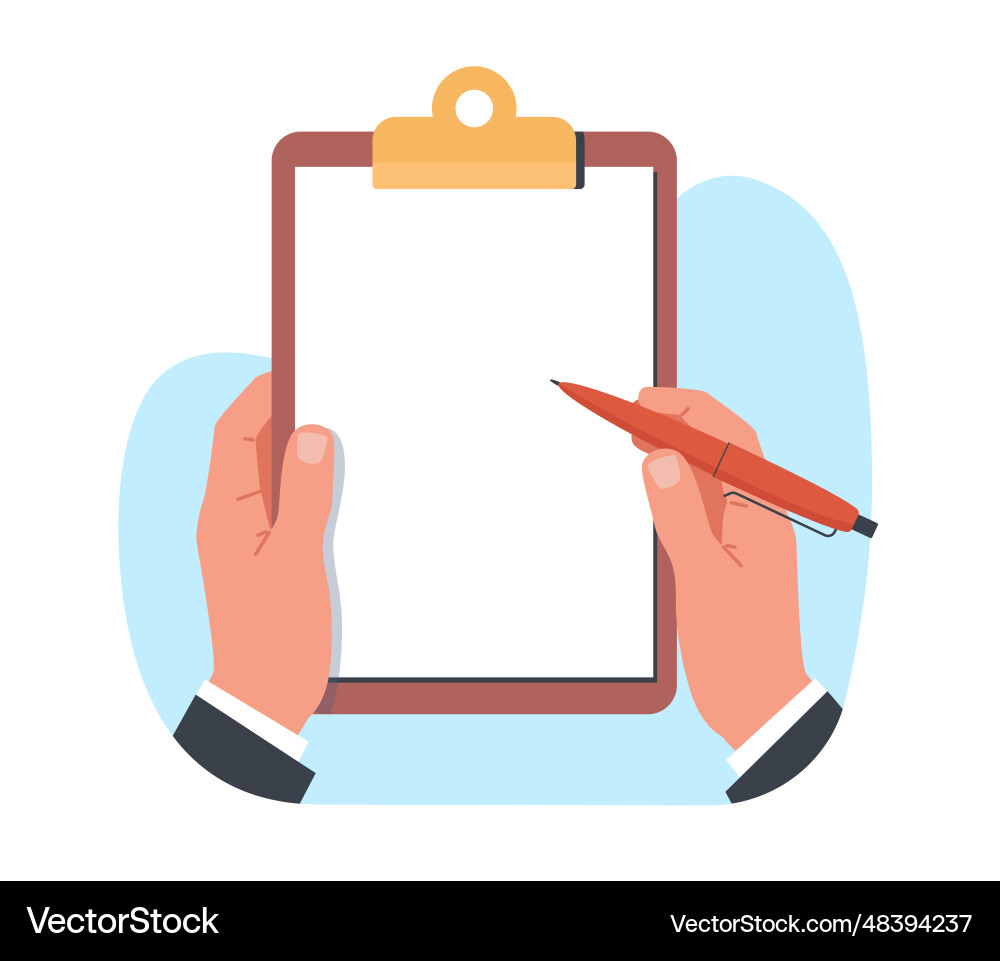 Businessman holds up clipboard with blank form Vector Image