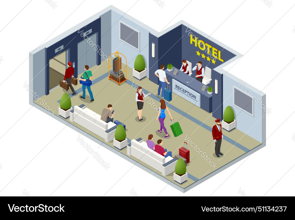 Isometric hotel reception interior reception desk Vector Image