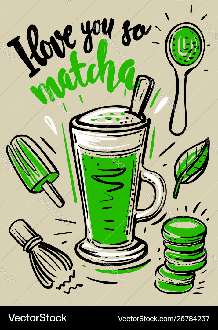 Matcha green latte with sketch Royalty Free Vector Image